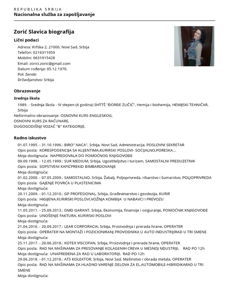 Slavica Zorić: Radna Biografija | PDF