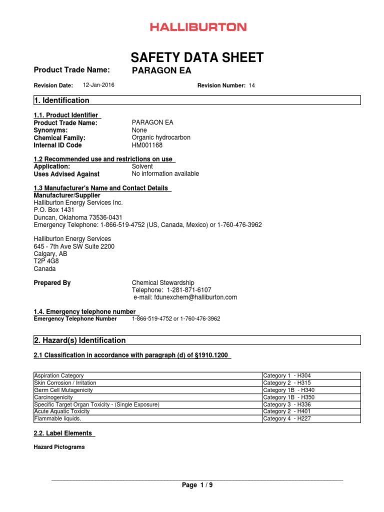 Safety Data Sheet for Paragon EA Solvent: Hazard Identification ...