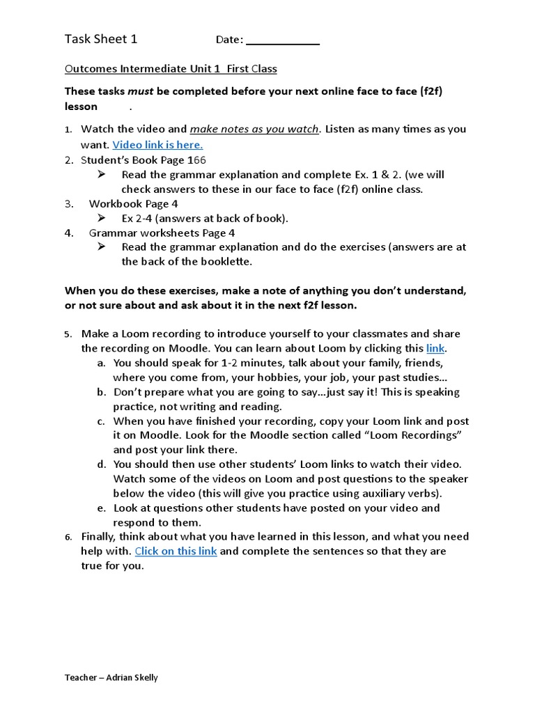 Outcomes Intermediate Unit 1 Aux. Verbs | PDF