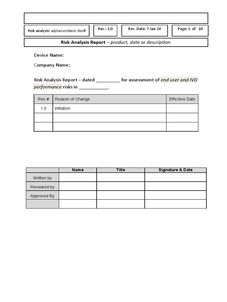 Risk Analysis Report Template | PDF | Risk Management | Medical Device