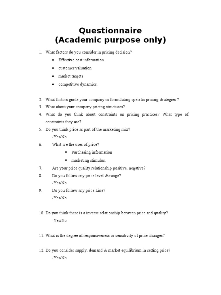 Questionnaire (Academic Purpose Only) | PDF | Pricing | Demand