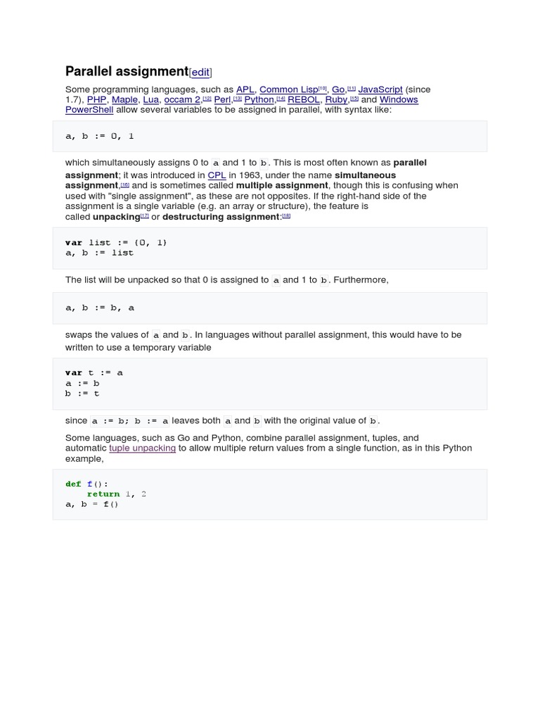 Parallel Assignment Apl Common Lisp Go Javascript Php Maple Lua Occam