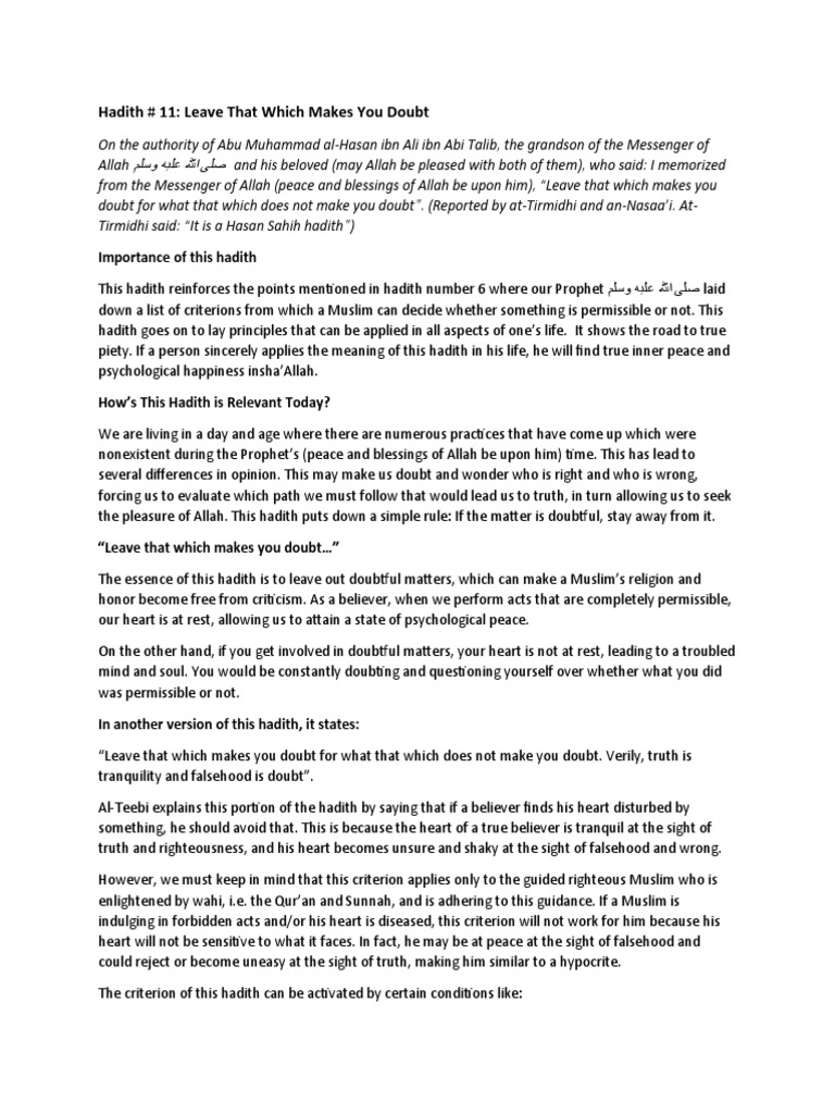 An Nawawi's Hadith #11 - Leave That Which Makes You Doubt | PDF ...
