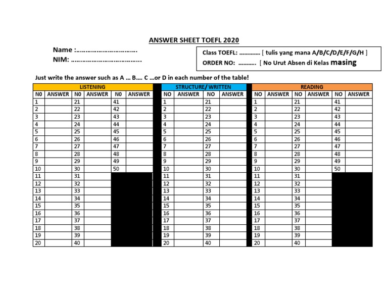 Answer Sheet Toefl 2020 Name: NIM: . | PDF | Standardized Tests