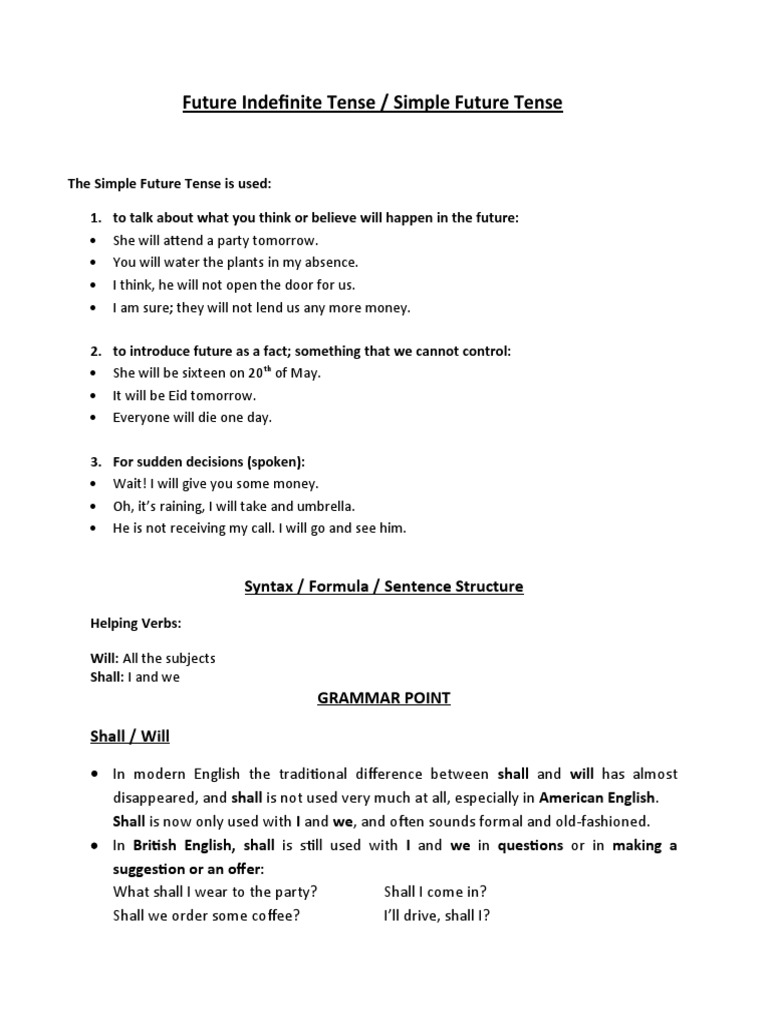 Future Indefinite Tense / Simple Future Tense: Syntax / Formula ...