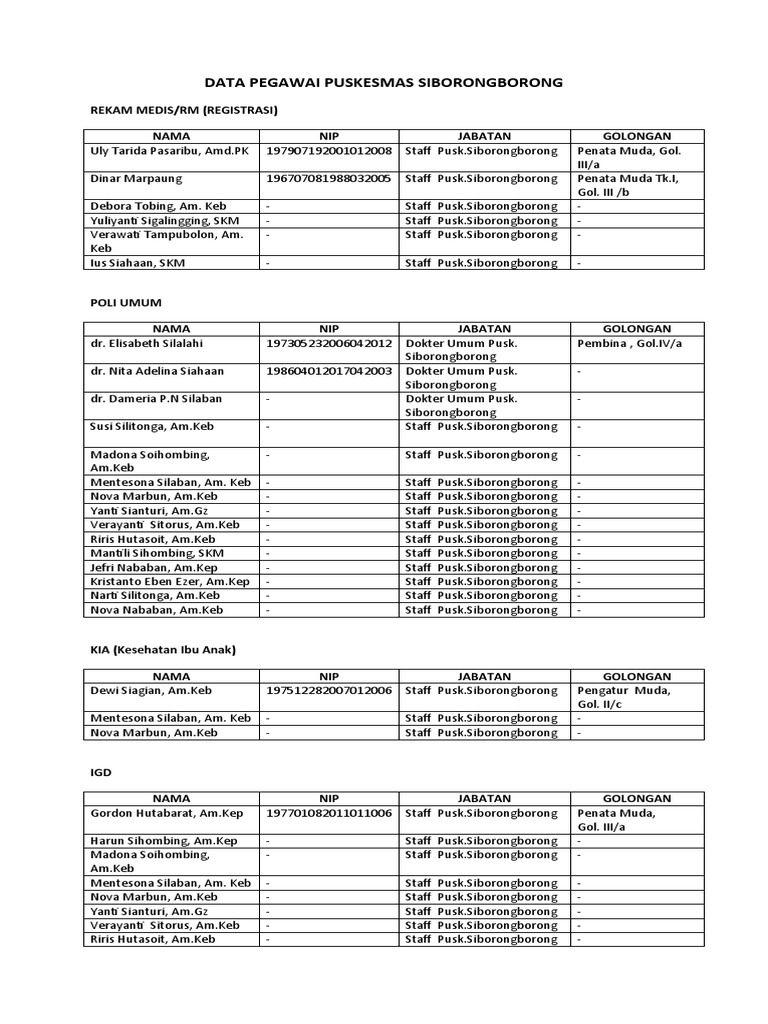 Data Pegawai Puskesmas Siborongborong | PDF