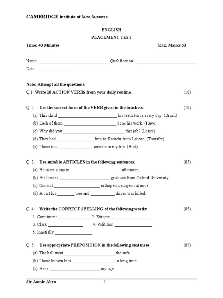 Cambridge English Placement Test Time 40 Minutes Max Marks 50 Pdf