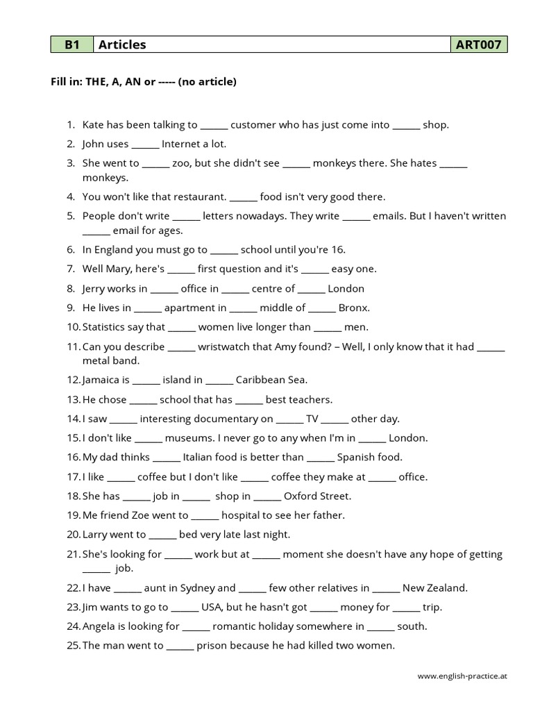 Definite and Indefinite Articles - PDF Grammar Worksheet - B1 - ART007 ...