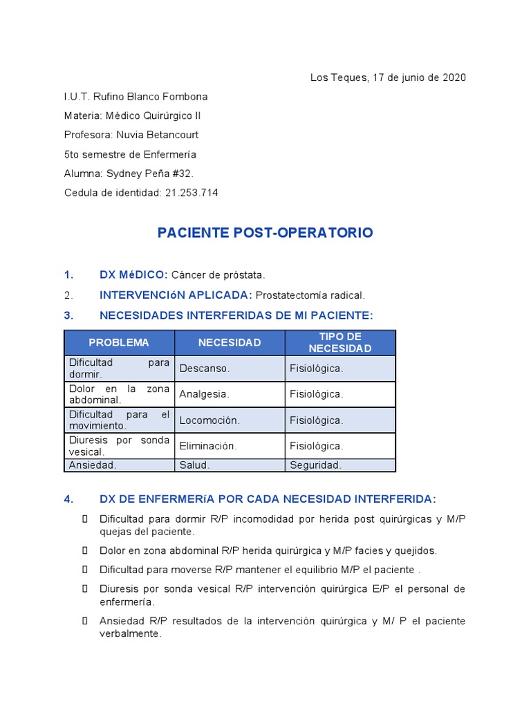 PAE Paciente Post Operatorio | PDF | Dolor | Enfermería