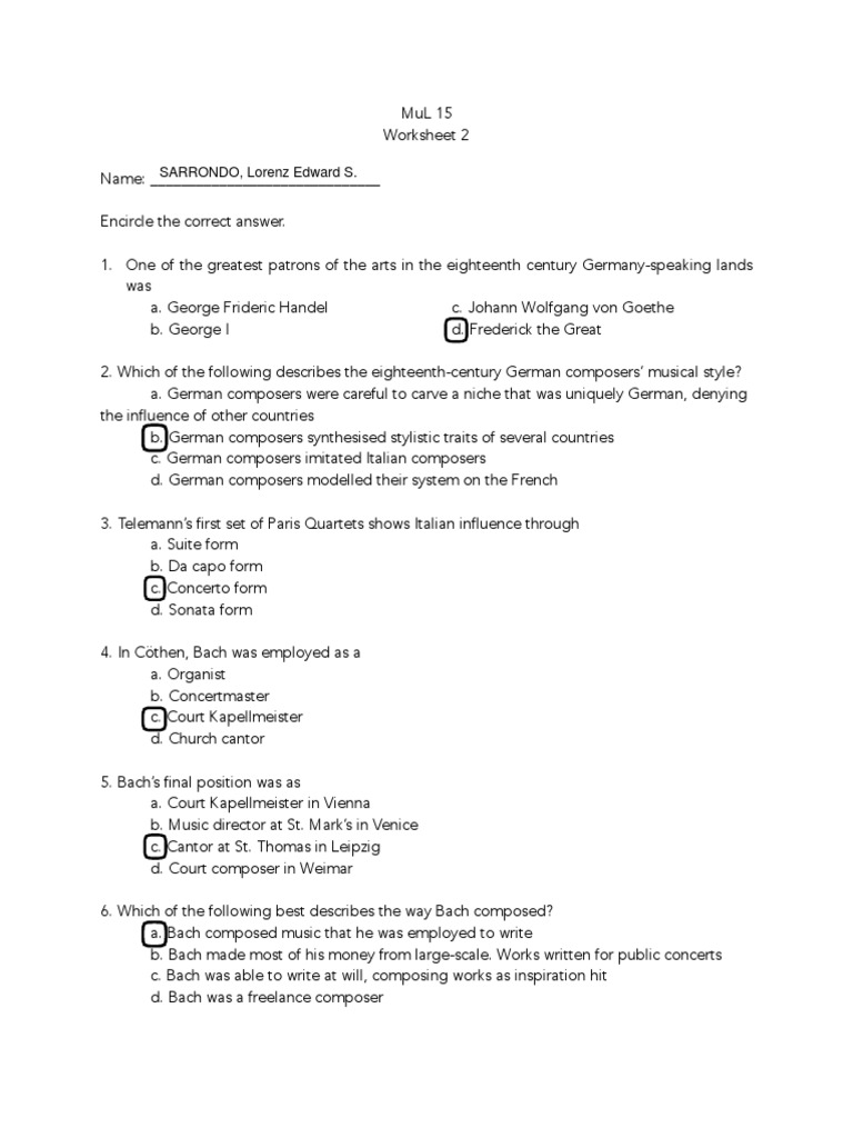 MuL 15 Worksheet 2 - SARRONDO | PDF | Johann Sebastian Bach | Opera