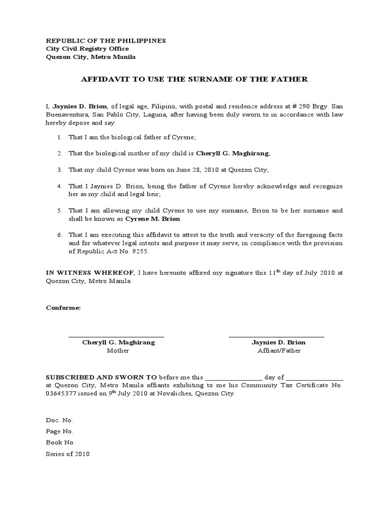 Affidavit To Use The Surname of The Father | PDF