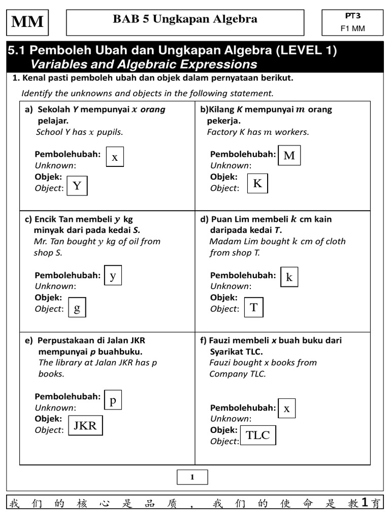 F1 Bab5 Ungkapan Algebra (Ans) | PDF