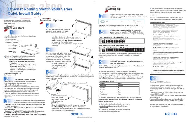Ethernet Routing Switch 2500 Series Quick Install Guide: Powering Up ...