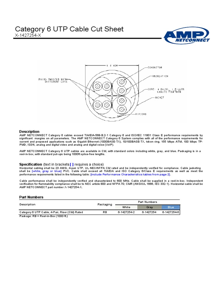 Category 6 UTP Cable Cut Sheet: Description | Download Free PDF ...