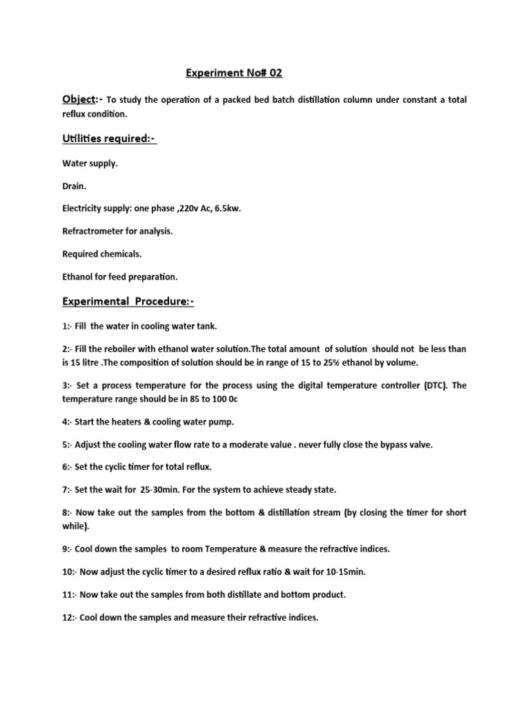 Packed bed distillation experiment | PDF | Distillation | Refractive Index