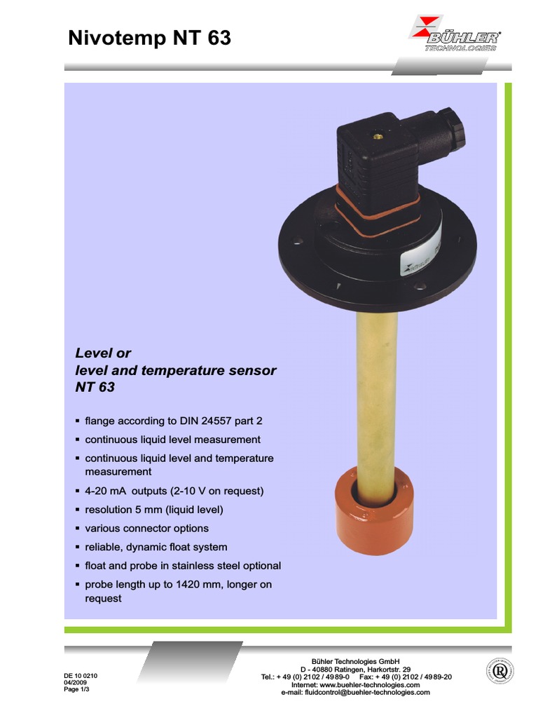 Nivotemp NT 63: Level or Level and Temperature Sensor NT 63 | PDF ...