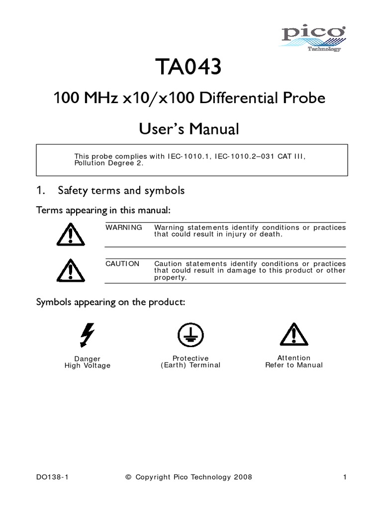 100 MHZ X10/X100 Differential Probe User'S Manual: 1. Safety Terms and ...