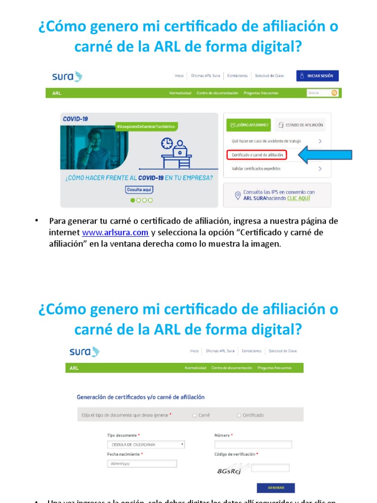 Instructivo para Generar Carné o Certificados de La ARL Sura | PDF ...