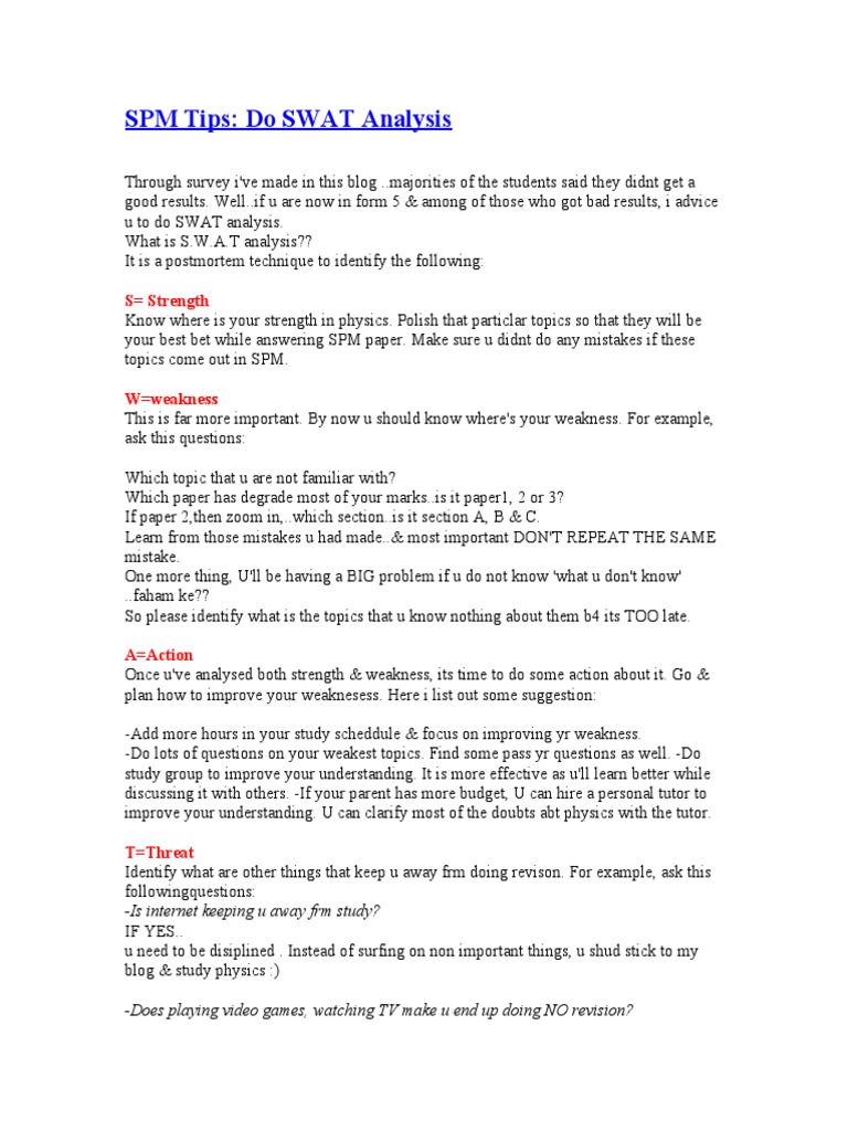 SPM Tips: Do SWAT Analysis: S Strength | PDF | Communication | Cognition