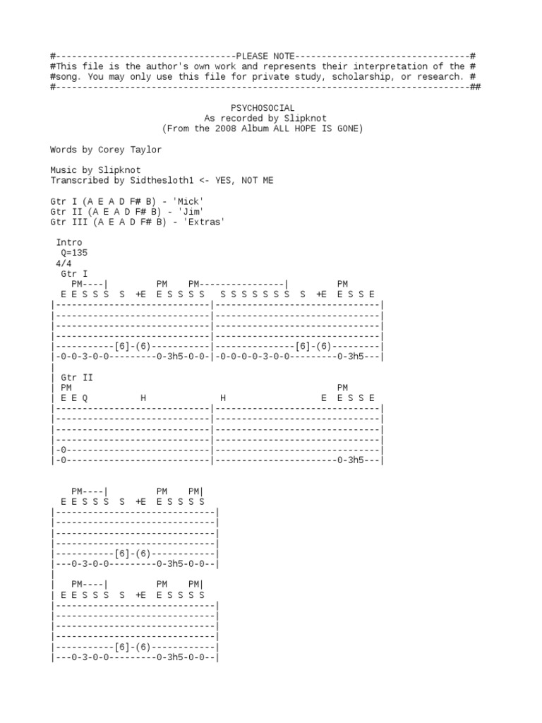 Slipknot Psychosocial Guitar Tabs | PDF | Musical Instruments | String ...