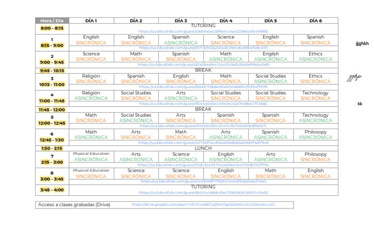 Weekly class schedule with synchronous and asynchronous sessions | PDF ...