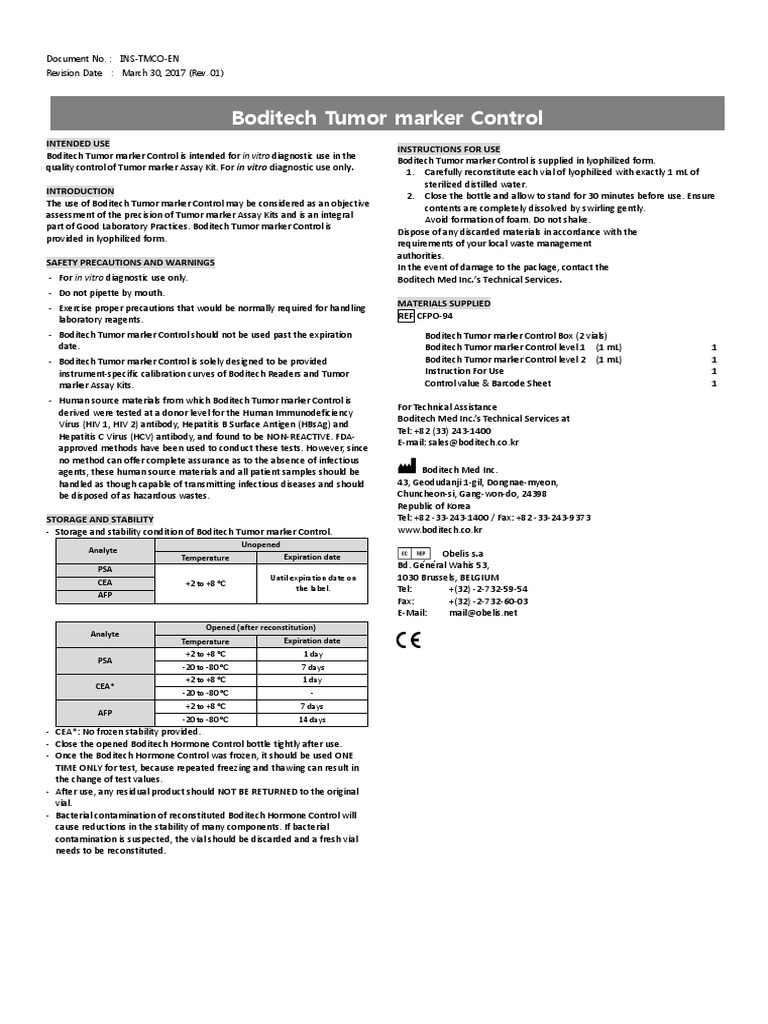 Boditech Tumor Marker Control: Intended Use Instructions For Use | PDF ...