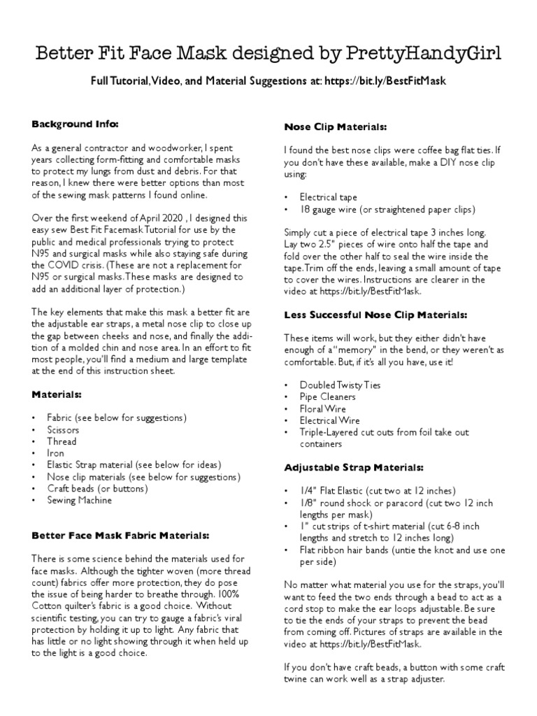 Better Fit Face Mask Downloadable Instructions | PDF | Seam (Sewing) | Yarn