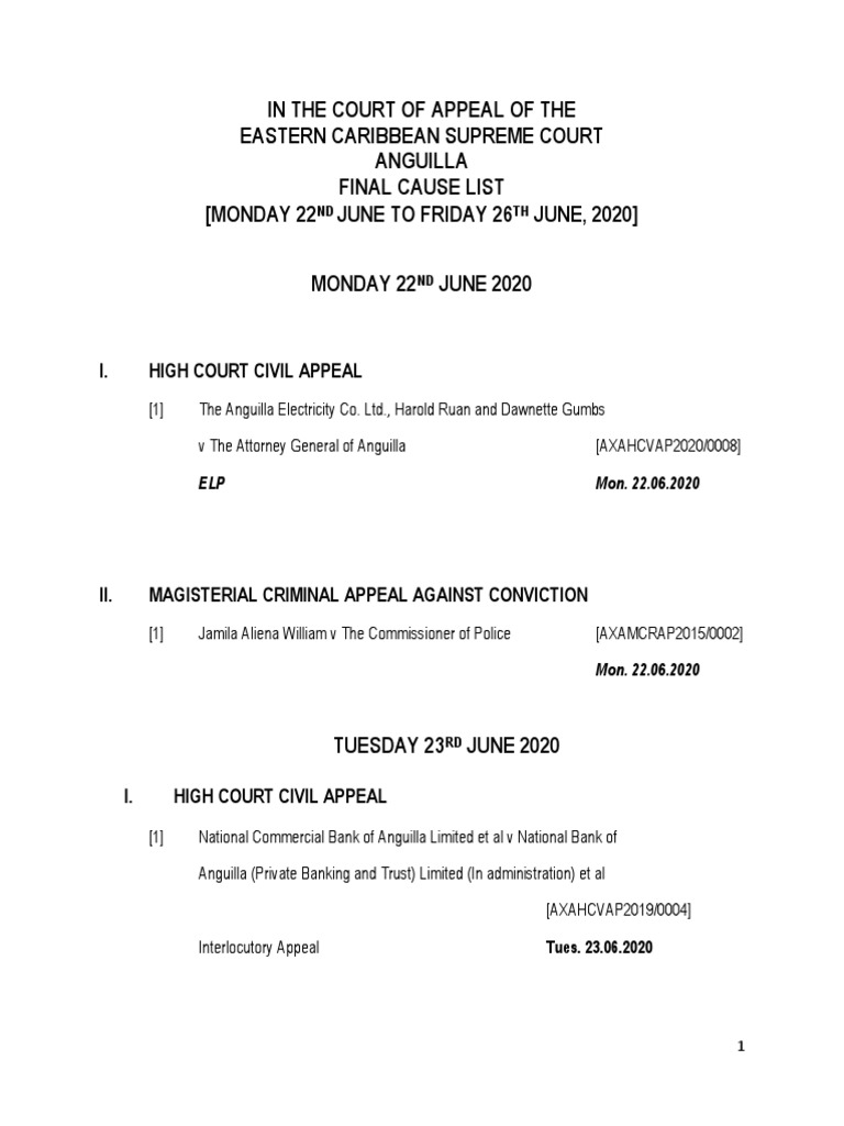 Anguilla Court of Appeal Cause List | PDF | Legal Organizations ...