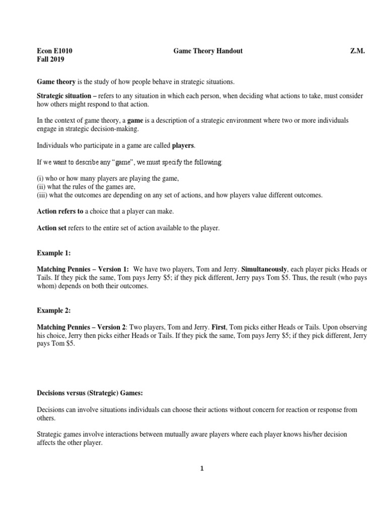 Game Theory Handout | PDF | Game Theory | Mathematical And Quantitative ...