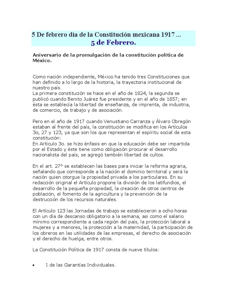 5 de Febrero Día de La Constitución Mexicana 1917 RESEÑA | PDF ...