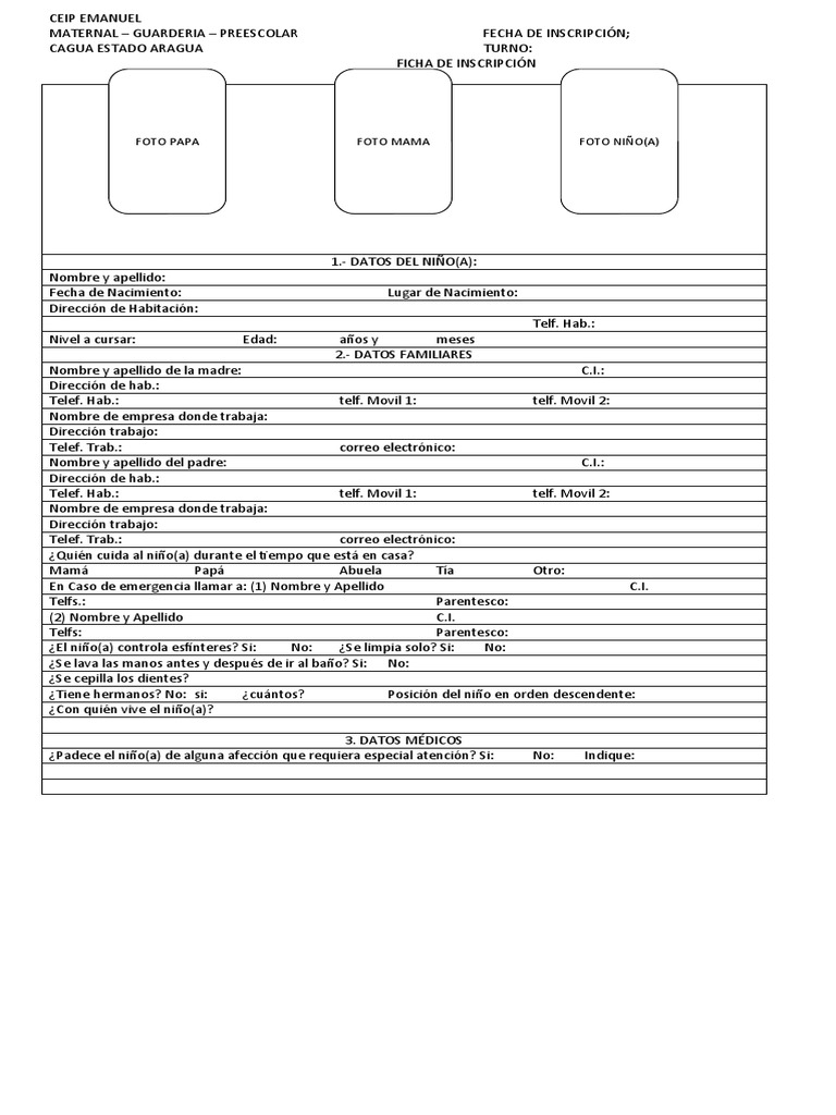 Ficha de Inscripción Maternal Guarderia Preescolar (1) - 2 | PDF ...