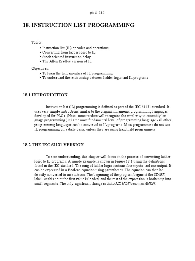 Instruction List Programming: PLC Il - 18.1 | PDF | Programmable Logic ...