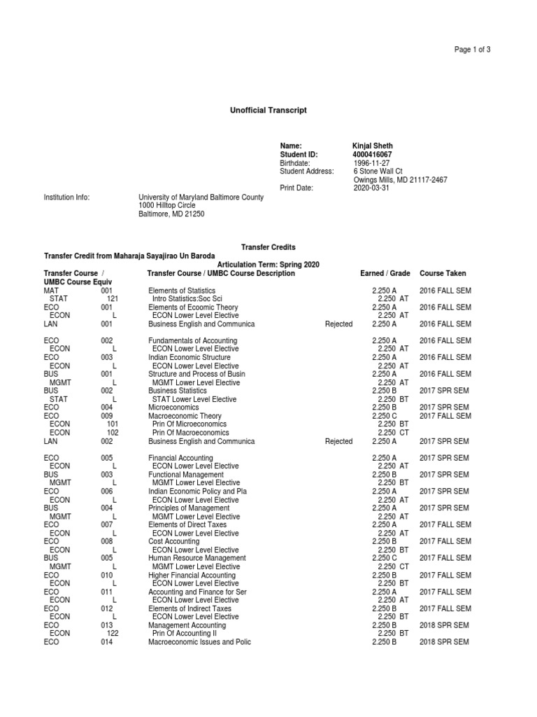Unofficial Transcript | PDF | Accounting | Economics