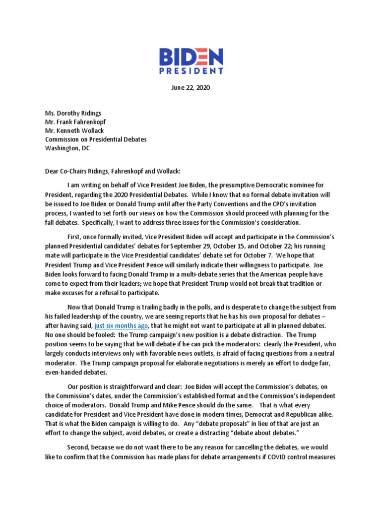 BFP Letter To Commission On Presidential Debates 6.22.20 | PDF | Joe ...