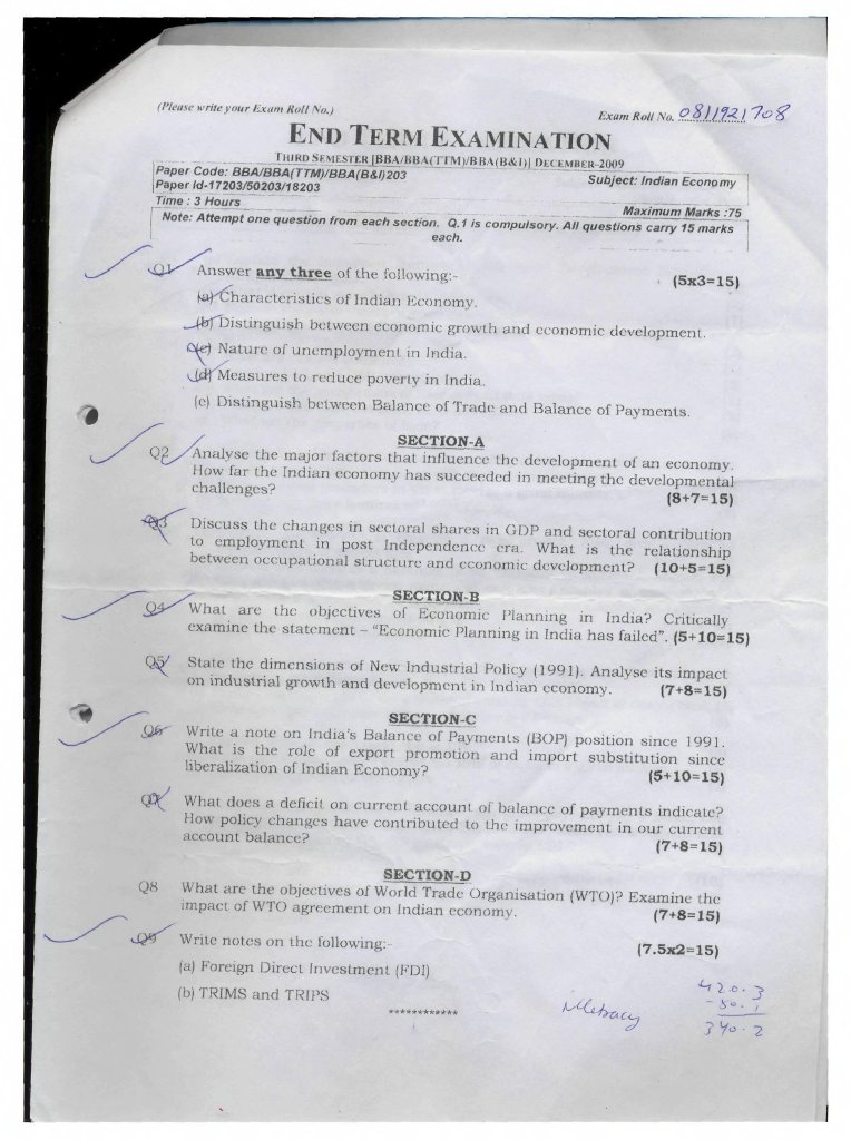 Indian Economy BBA 3rd Sem Exam Paper | PDF