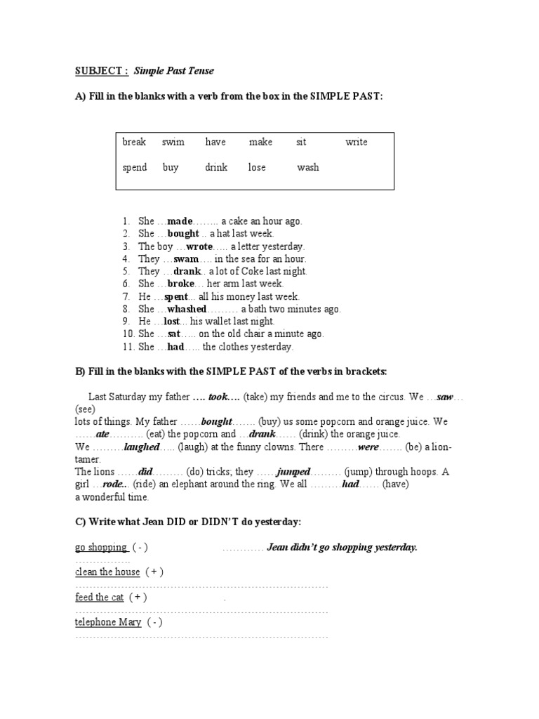 SUBJECT: Simple Past Tense A) Fill in The Blanks With A Verb From The ...