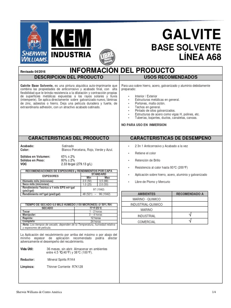 Pintura Galvite Base Solvente Sherwin Williams | PDF | Pintar ...