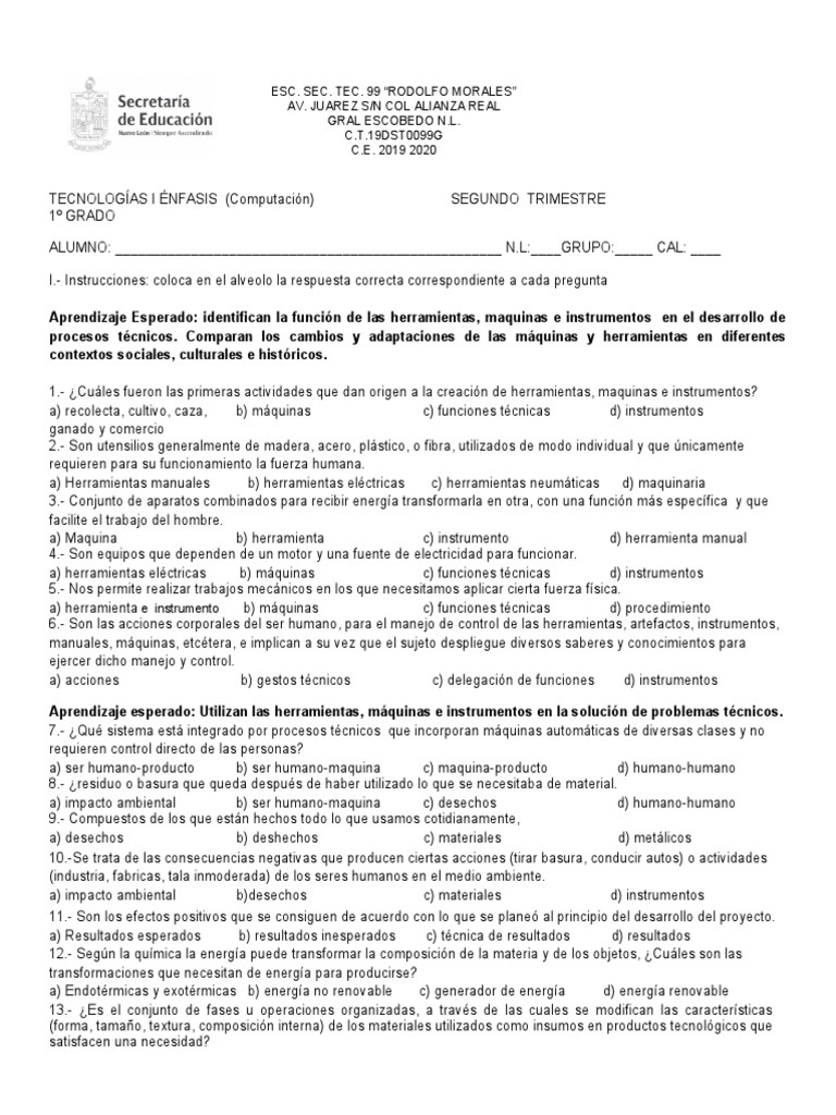 Examen Tecnologias 1 Segundo Trim | PDF | Herramientas | Residuos