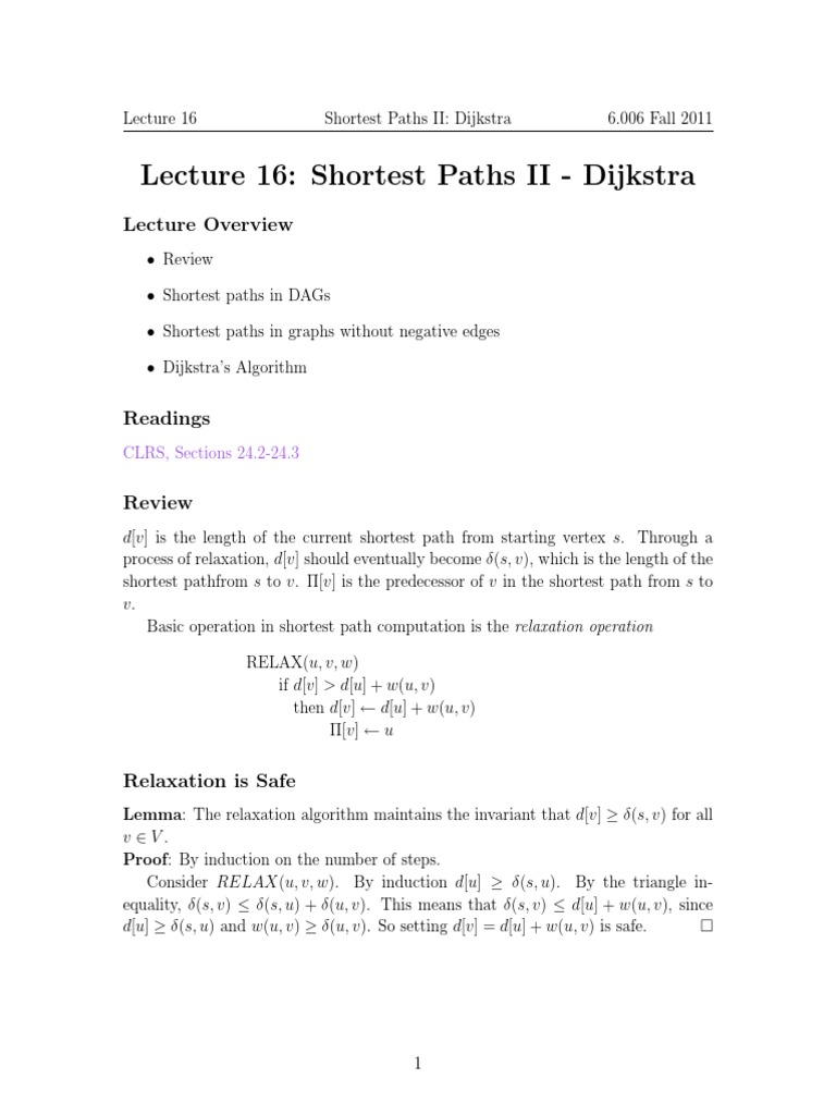 Lecture 16: Shortest Paths II - Dijkstra | PDF | Theoretical Computer ...
