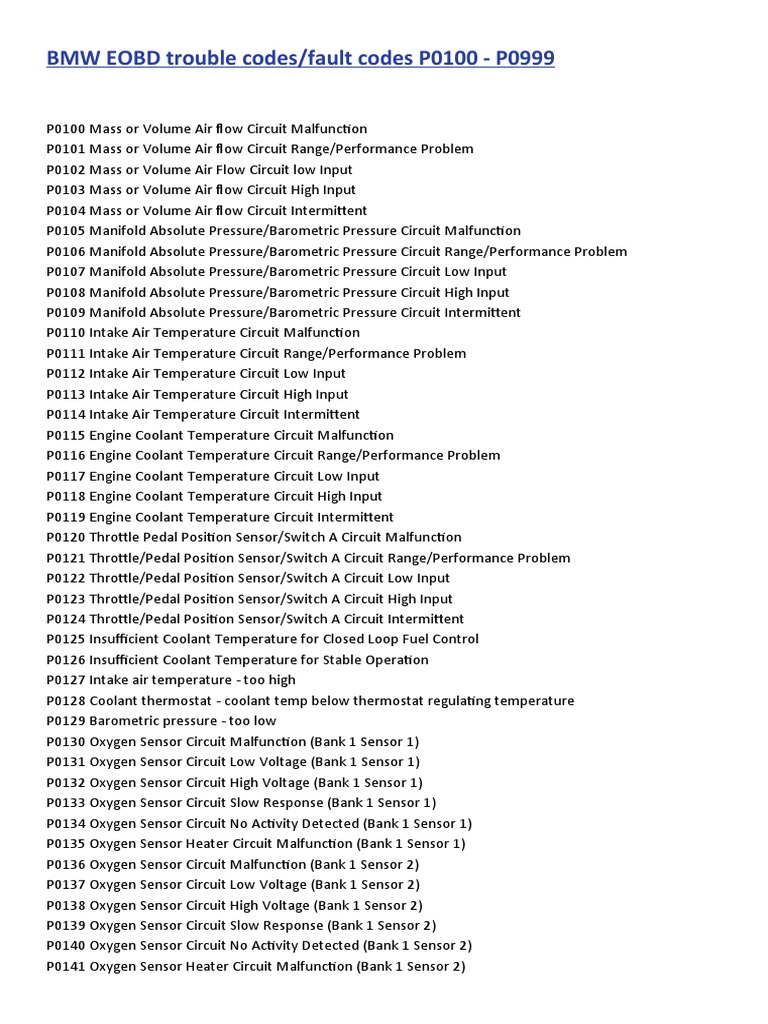 BMW EOBD Fault Codes Overview | PDF | Throttle | Fuel Injection