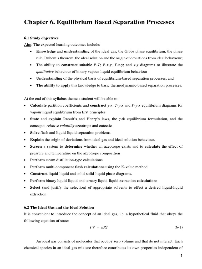 Chapter 6. Equilibrium Based Separation Processes: 6.1 Study Objectives ...