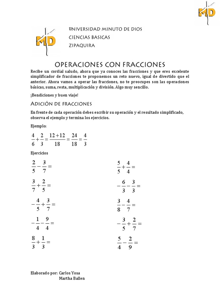 Taller de Operaciones Con Fracciones PDF | PDF | Enseñanza de matemática | Science