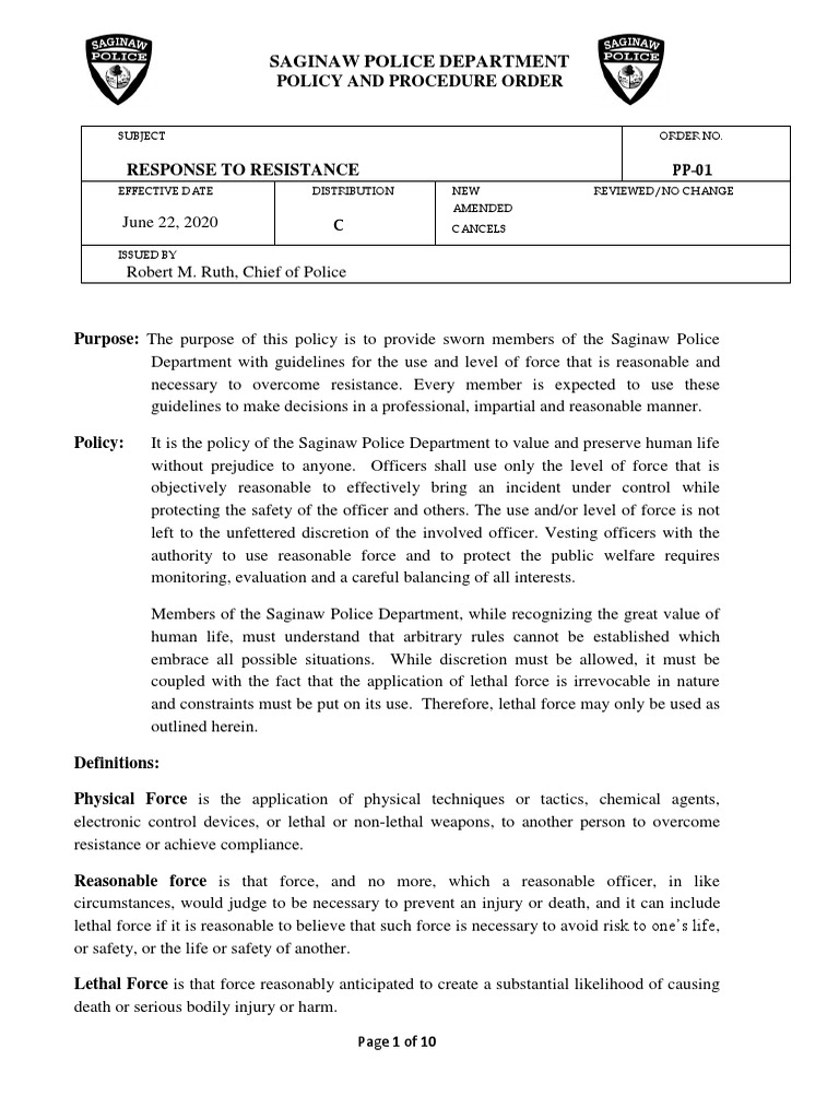 Saginaw Police Use of Force Policy | PDF | Deadly Force | Use Of Force