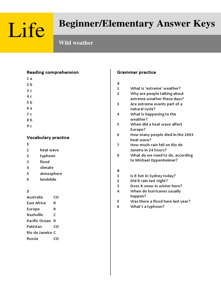 Beginner/Elementary Answer Keys: Wild Weather | PDF