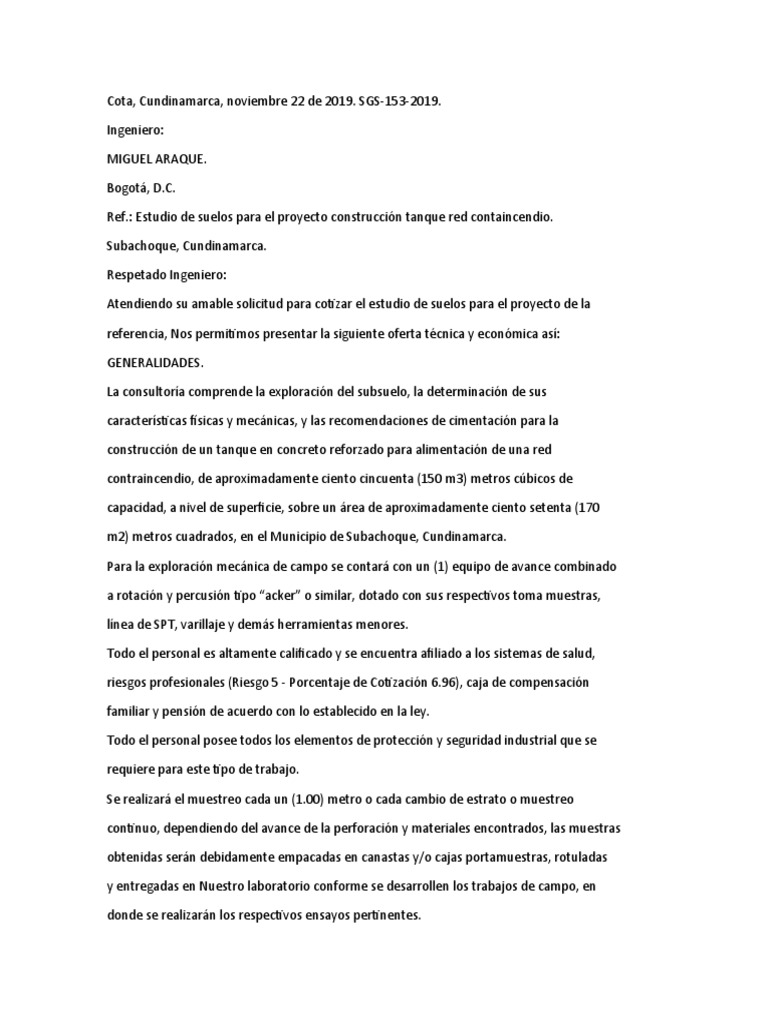Propuesta Economica Estudio de Suelos Tanque RCI Luis Rubiano | PDF ...
