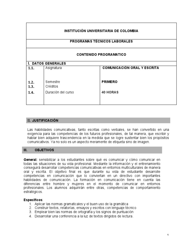 Contenido Programatico Comunicacion Oral 2020 | PDF | Comunicación | Prueba (evaluación)