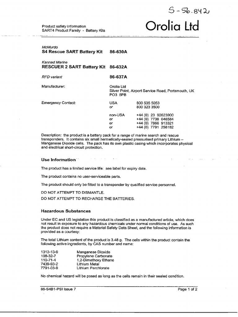 SAILOR SART II Battery Pack MSDS 56842 Metal PDF | PDF