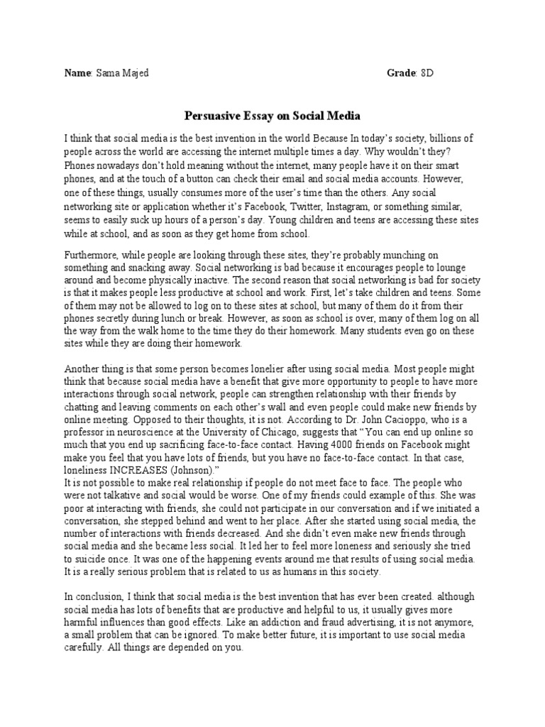 Persuasive Essay On Social Media | PDF | Social Media | Popular Culture ...