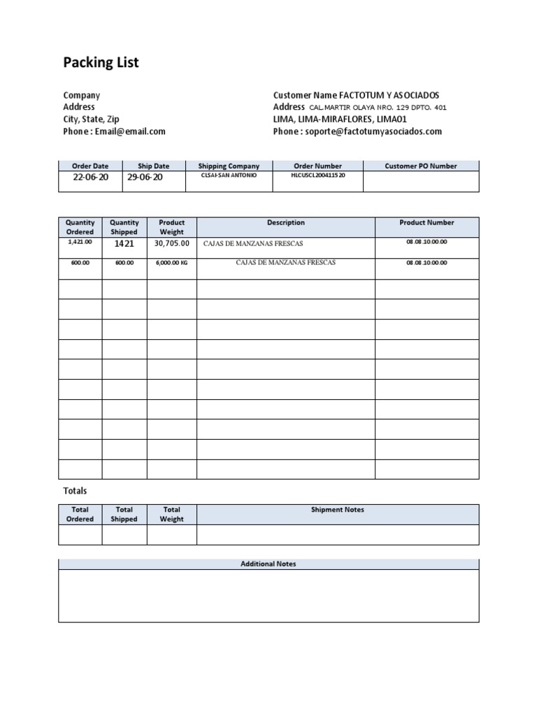 Packing-List-Manzana Chilena EJEMPLO | PDF