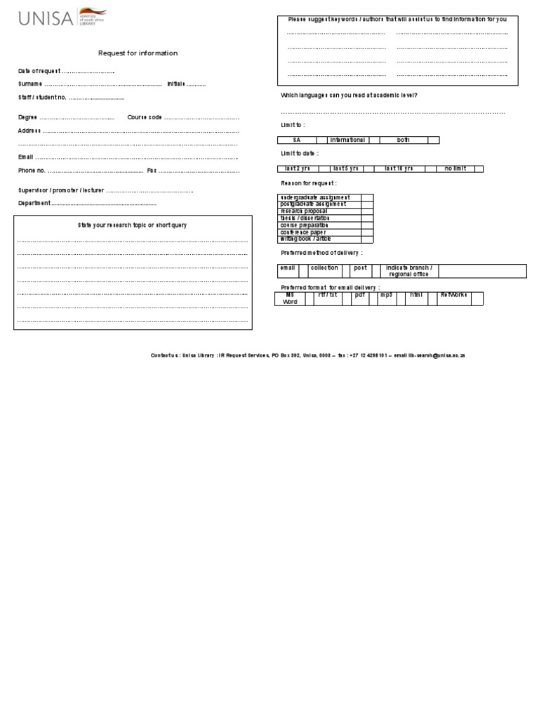 Unisa Library Information Request Form | PDF | Thesis